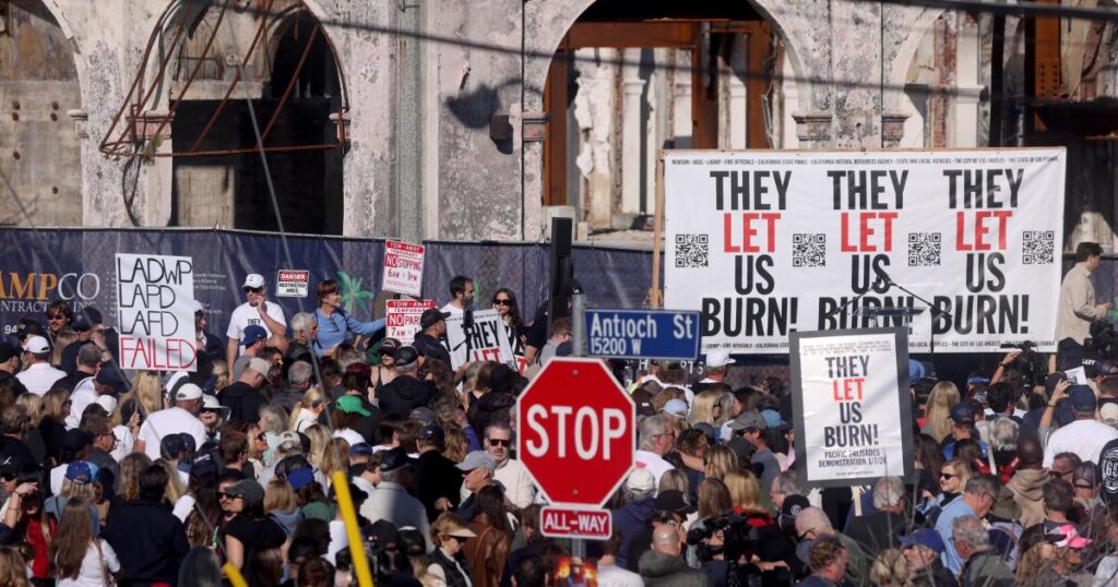 Palisades and Altadena Residents Mourn and Protest on Anniversary of Fire